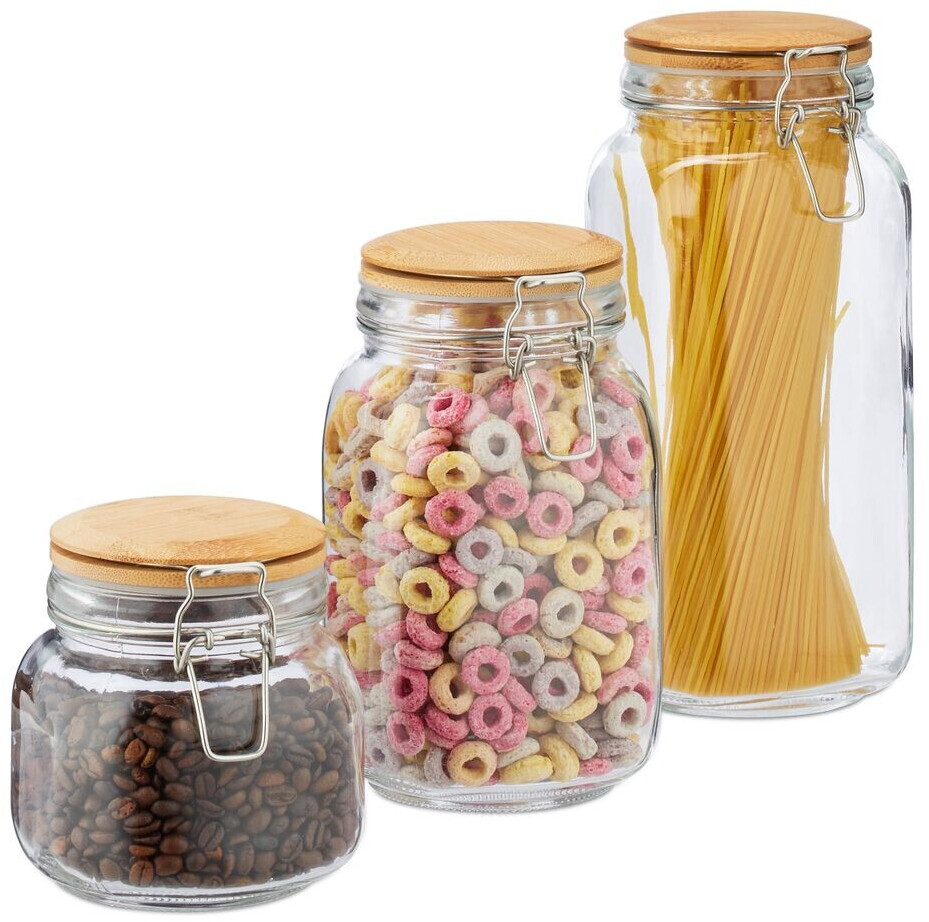 Relaxdays Vorratsgl ser 3Er Set B gelverschluss Bambusdeckel
