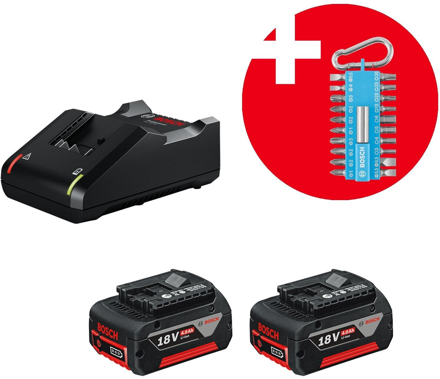 Bosch Starter-Set 2 x GBA 18V 4.0Ah + GAL 18V-40 Professional + 21tlg ...