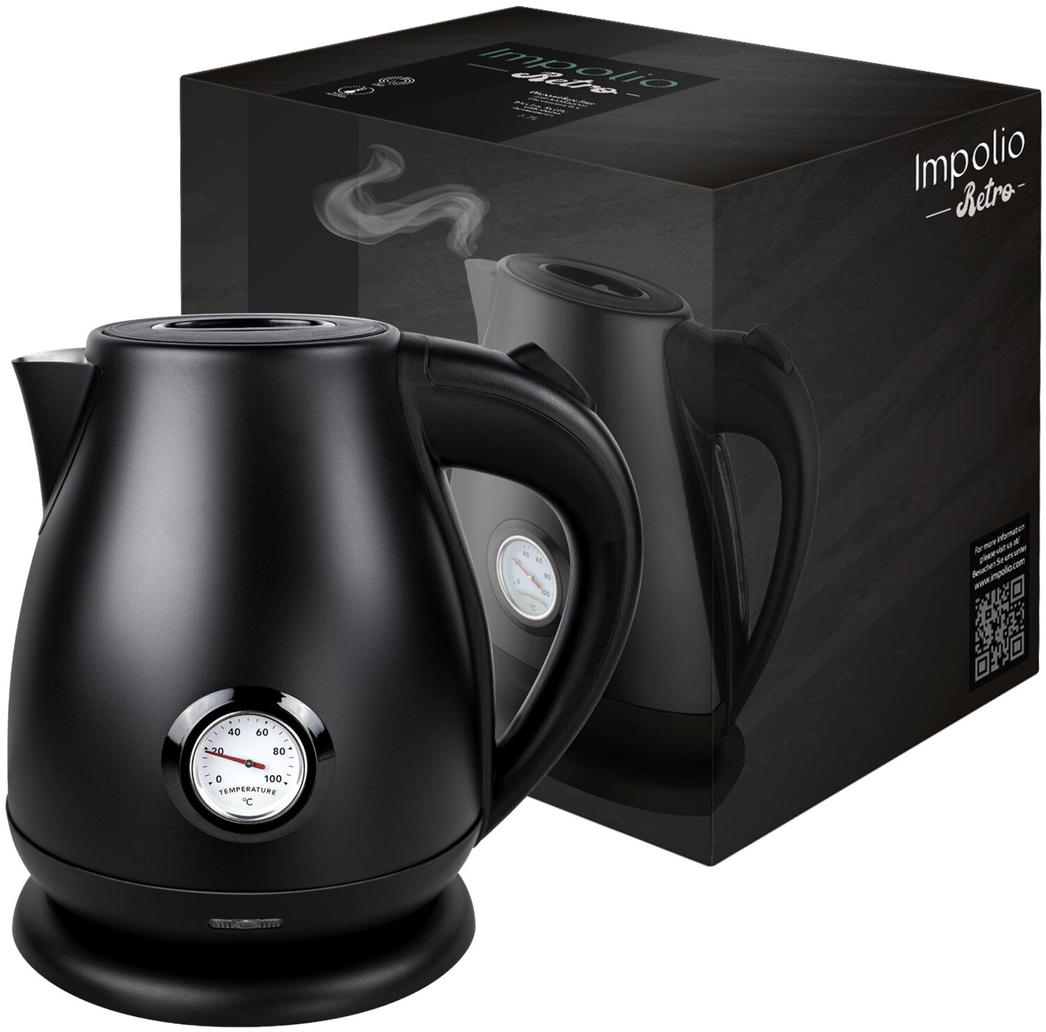Impolio T24 Retro Wasserkocher, 1,7 L, Thermometer, Schwarz-Silber Matt ...
