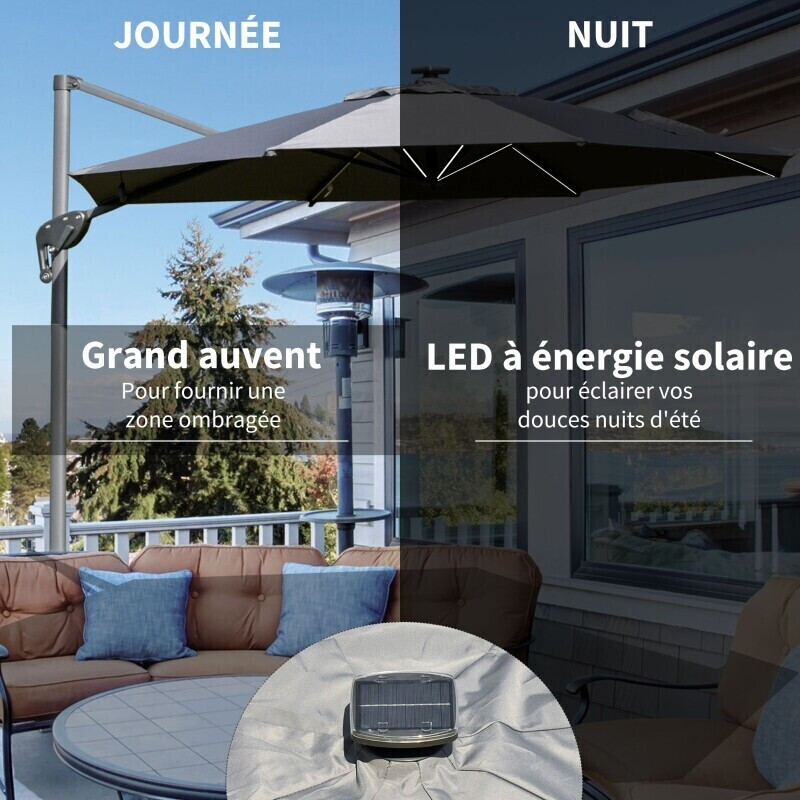 Outsunny Parasol rond 3 m avec LED gris au meilleur prix sur idealo.fr