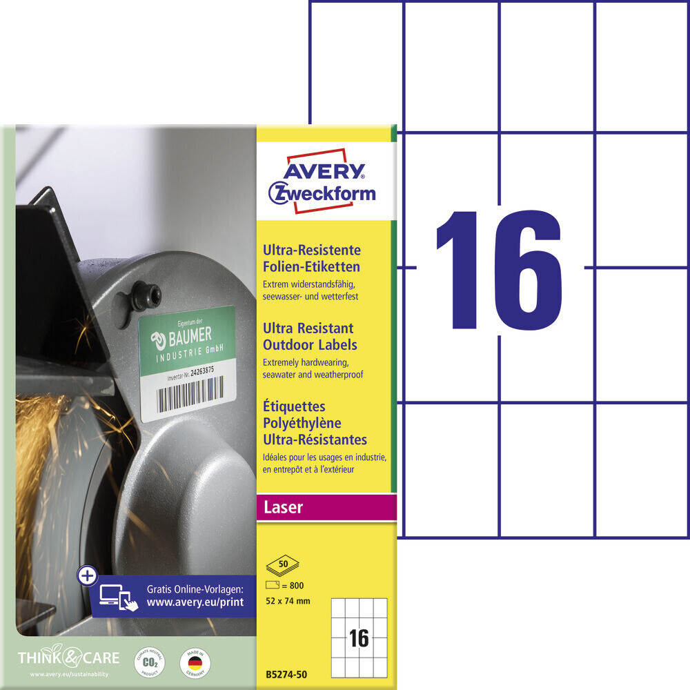 Avery Zweckform B5274-50 Ultra-Resistente Folien-Etiketten, 52 x 74 mm, 50 Bogen/800 Etiketten ...