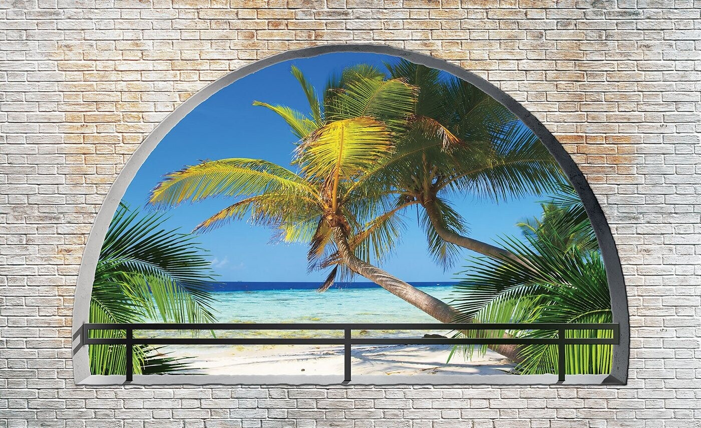 Wallarena 3D Effekt Strand Palmen Meer Fenster Terrasse Panorama Natur Landschaft Glatt 3D-Optik ...