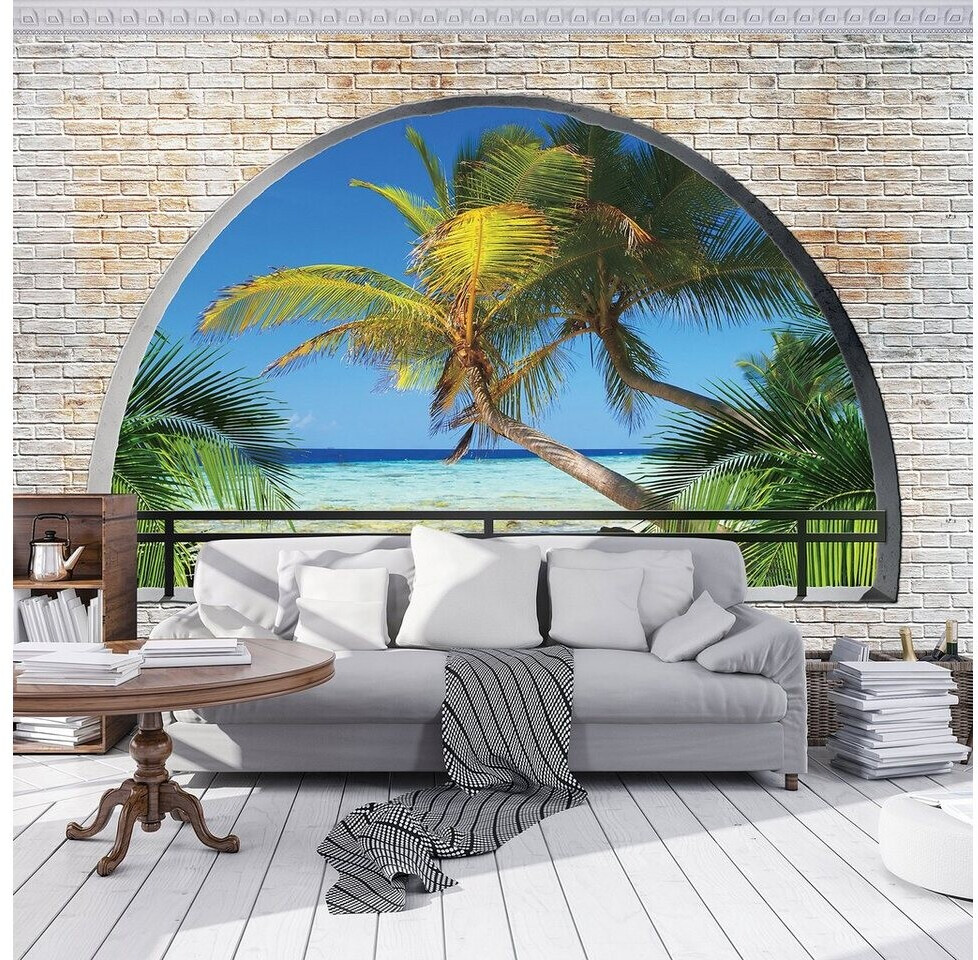 Wallarena 3D Effekt Strand Palmen Meer Fenster Terrasse Panorama Natur Landschaft Glatt 3D-Optik ...