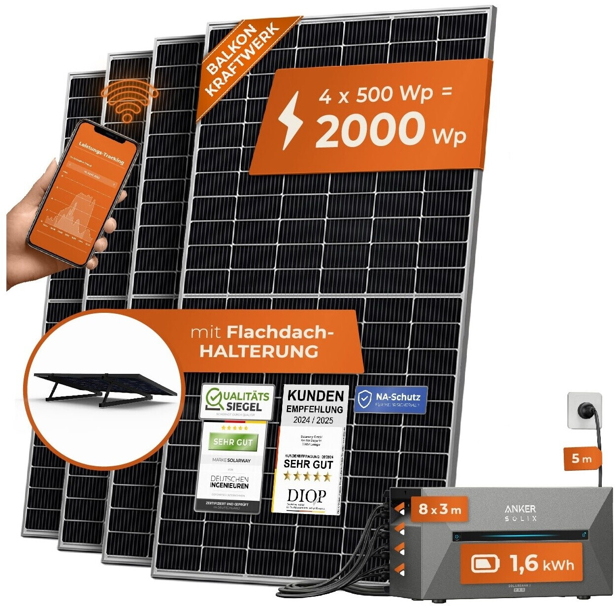 Solarway Balkonkraftwerk Set 2000w 4 X 500wp Module Deye M200 Anker