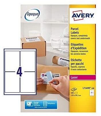 Avery L7169B Selbstklebende Paketetiketten, Laserdrucker, 4 Etiketten pro A4-Blatt, 400 ...