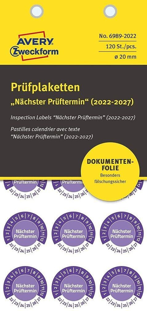 Avery 120 Stück Prüfplaketten Nächster Prüftermin 2022-202 (fälschungssicher, selbstklebend, Ø ...