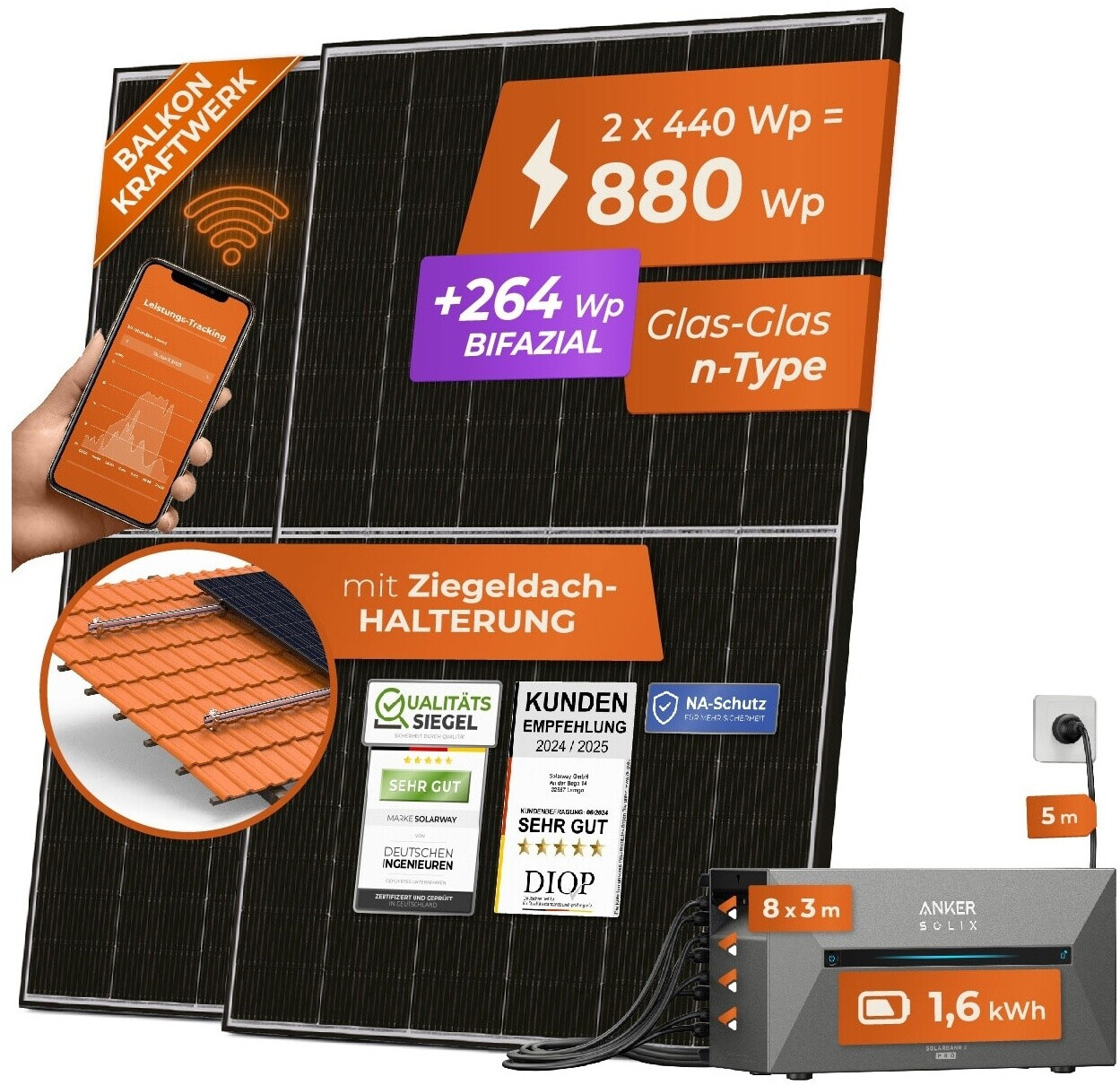 Solarway All In One 880W mit 1,6 kWh Anker Solix 2 PRO Speicher Plug ...