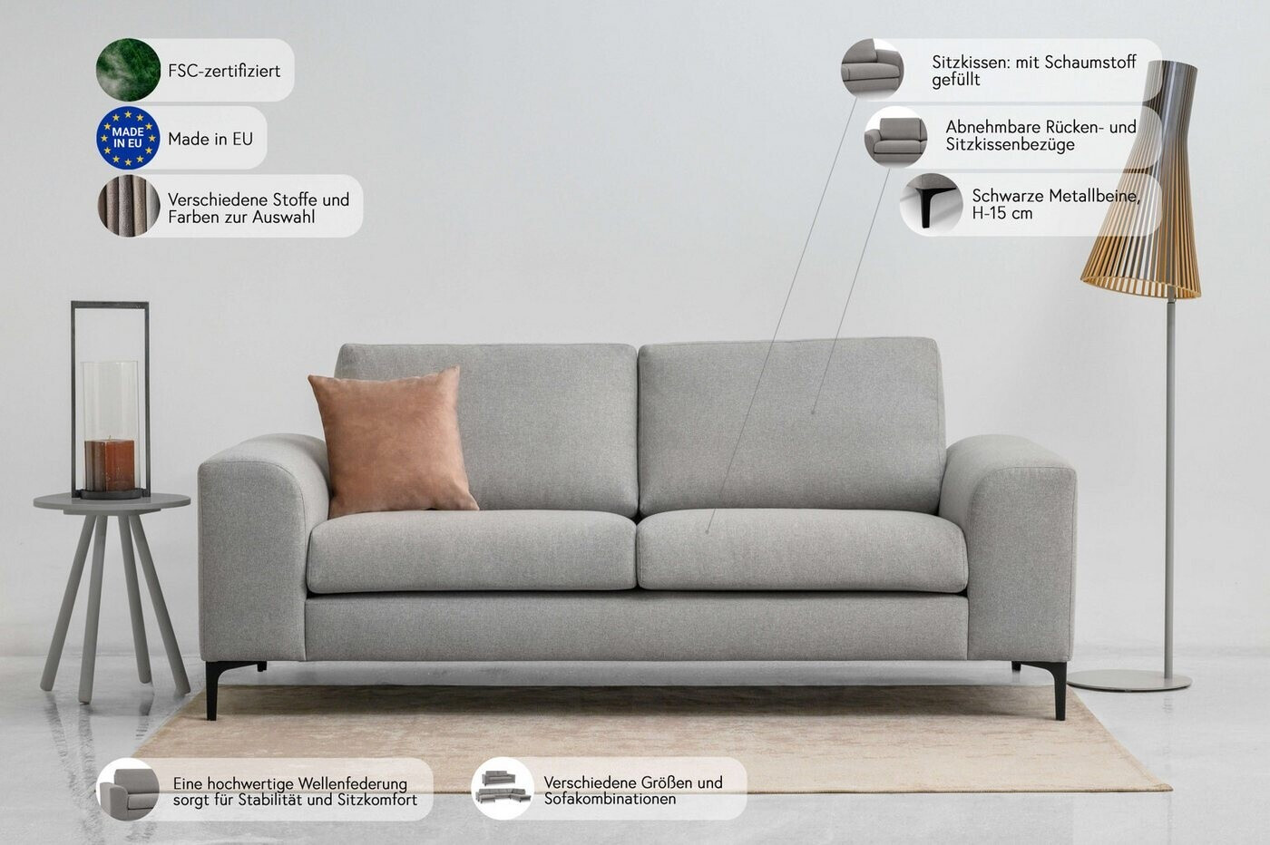 Otto Home 2,5-Sitzer Henry Kompaktsofa Breite 214 cm mit Metallbeinen ...