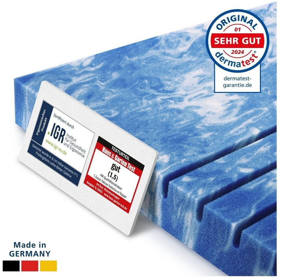 AM Qualitätsmatratzen Gelschaum-Topper 7-Zonen 90x210cm 8cm Höhe Tencel ...