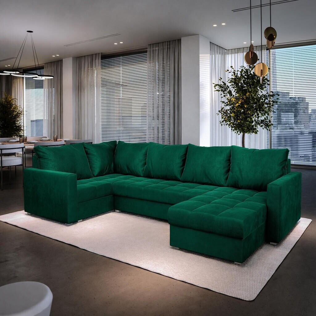 Masseno LORIVO L-S Ecksofa U-Form Plüsch Grün mit Schlaffunktion ...