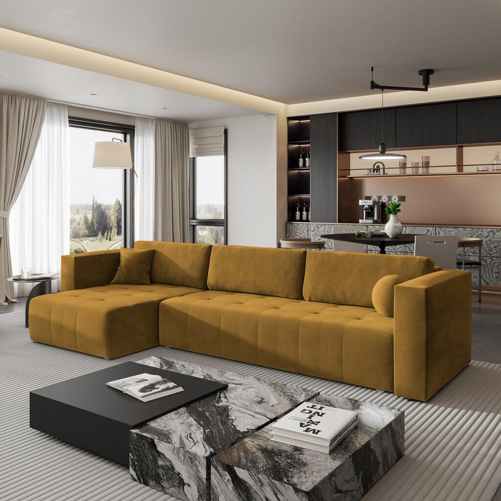 Masseno OLVERA Ecksofa L-Form mit Schlaffunktion & Bettkasten, Gelb ...