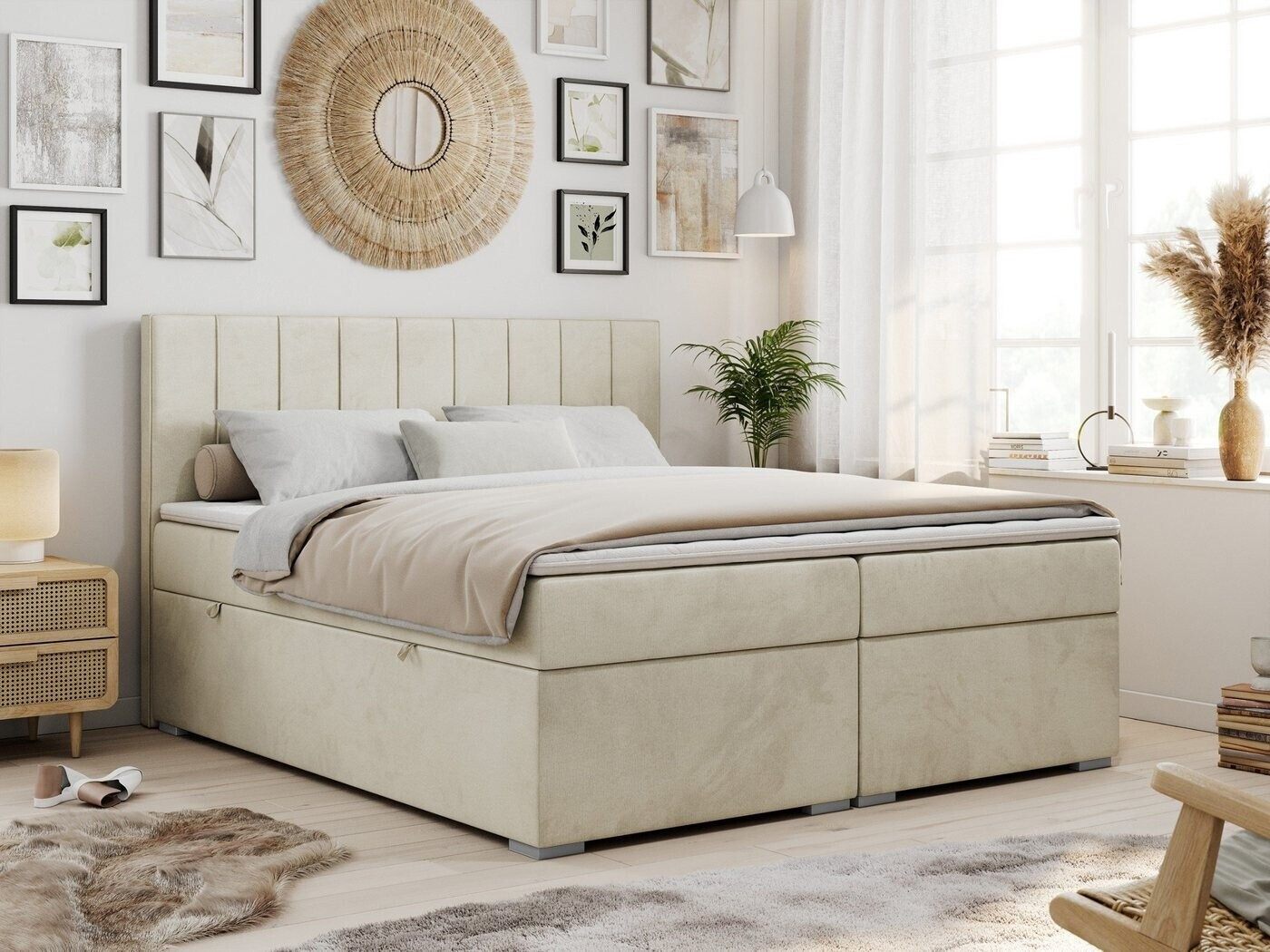 MKS Meble Ally Boxspringbett mit 2 Bettkästen, Topper, 200x200cm, Beige ...