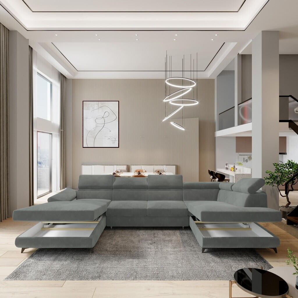 Masseno Rubano R-S Ecksofa U-Form mit Schlaffunktion & Bettkasten, Grau ...