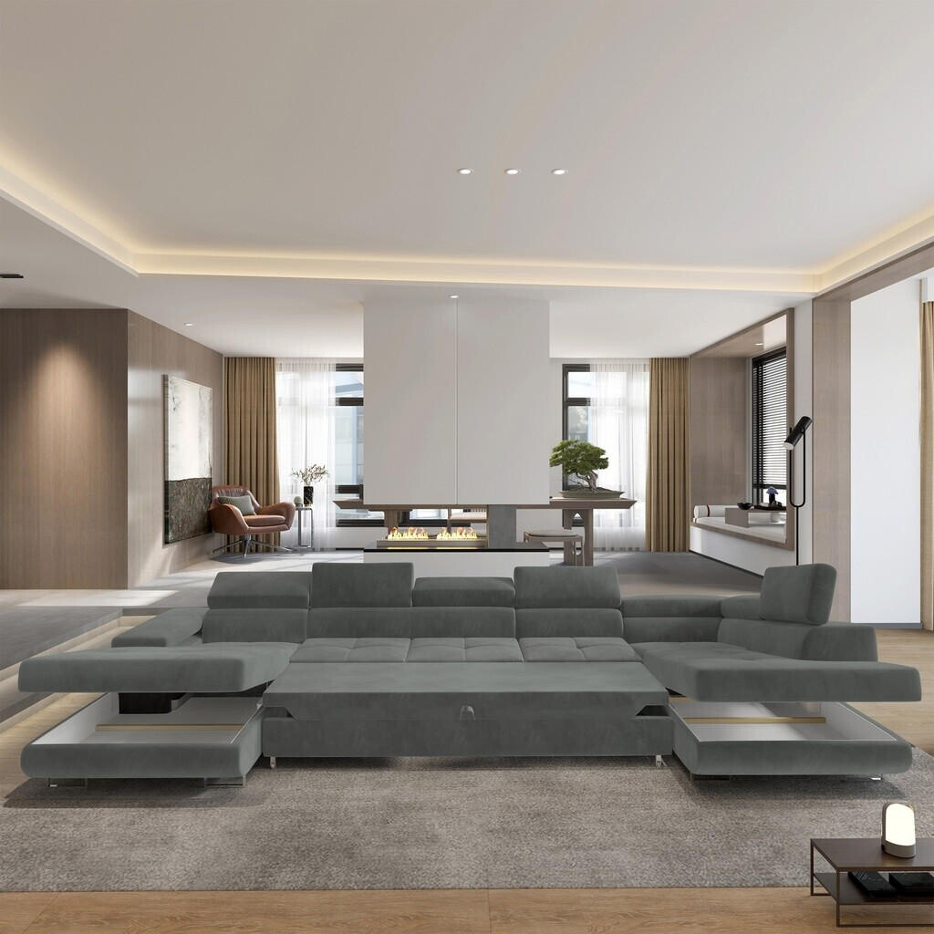 Masseno Toriva R-S Ecksofa U-Form mit Schlaffunktion & Bettkasten, Grau ...
