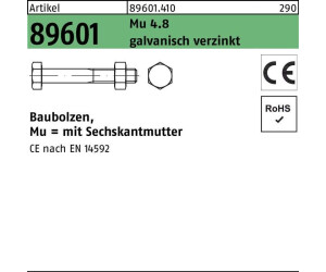 Reyher Baubolzen M12x100mm mit Mutter EN14592, Stahl galv. verzinkt 4.8 ...