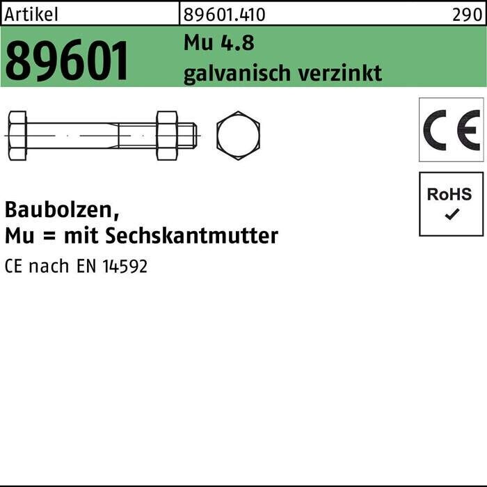 Reyher Baubolzen M12x100mm mit Mutter EN14592, Stahl galv. verzinkt 4.8 ...