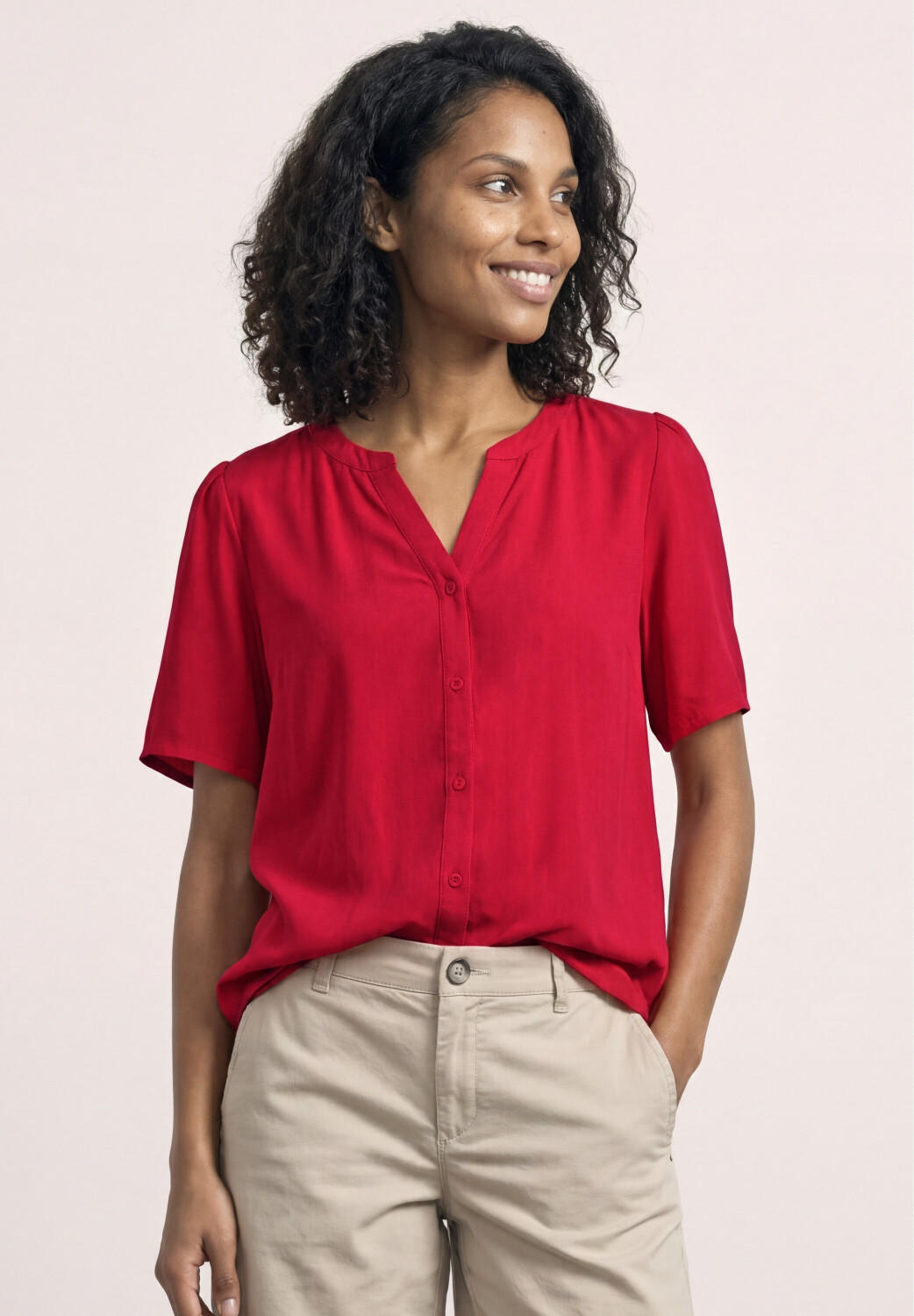 Street One Frauen Kurzarm Bluse mit Split Neck und Knöpfen in Rot Gr ...