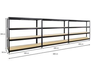 Proregal DINO Schwerlastregal 4 Ebenen 180x200x60cm 500kg, Schwarz, 3er ...