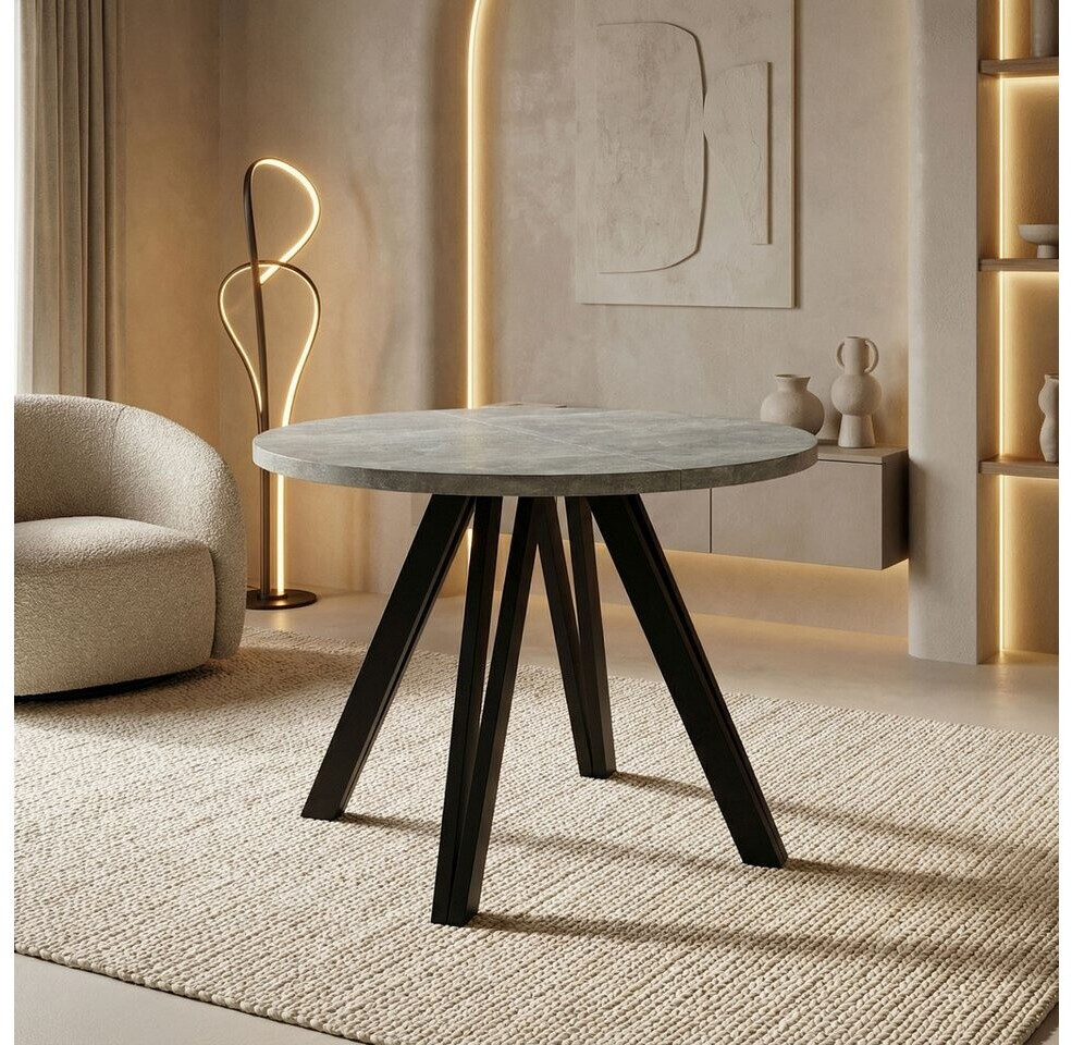 WFL GROUP Ravano Esstisch rund ausziehbar 100–140cm, Betongrau ...