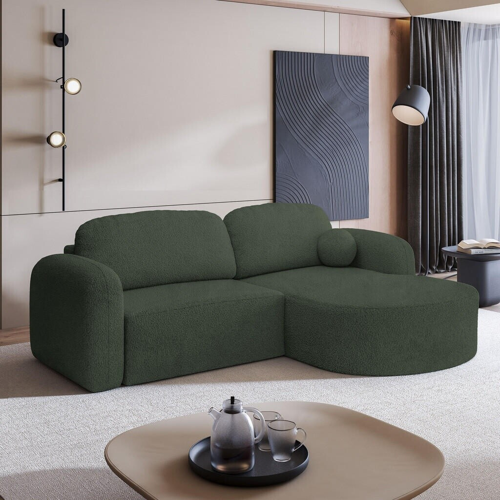 Masseno Amilia R-S Ecksofa L-Form Bouclé-Stoff Grün mit Schlaffunktion ...
