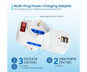 Ewent Steckdosenleiste 1x Schuko + 2x 10A/16A, 2x USB-A, Ein/Aus ...