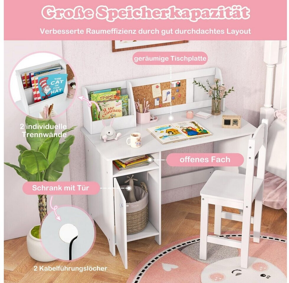 Costway Kinderschreibtisch-Set mit Stuhl, Bücherregal & Pinnwand, Holz ...