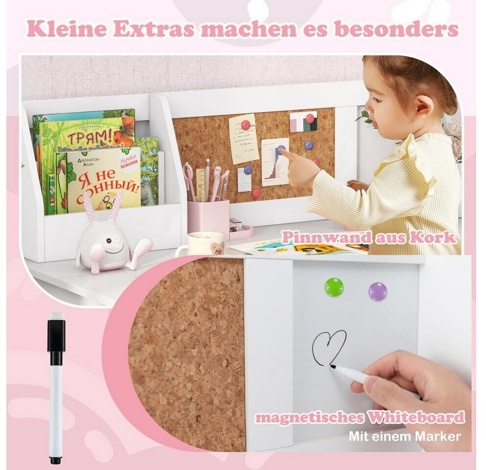 Costway Kinderschreibtisch-Set mit Stuhl, Bücherregal & Pinnwand, Holz ...