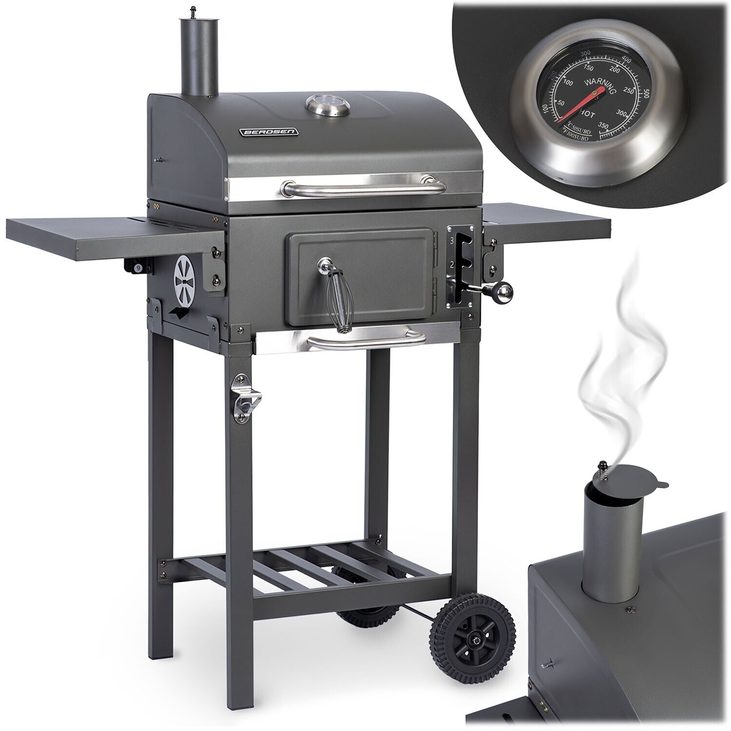 Berdsen BD-892 Holzkohlegrill mit Thermometer und Seitenablagen, 42x31 ...