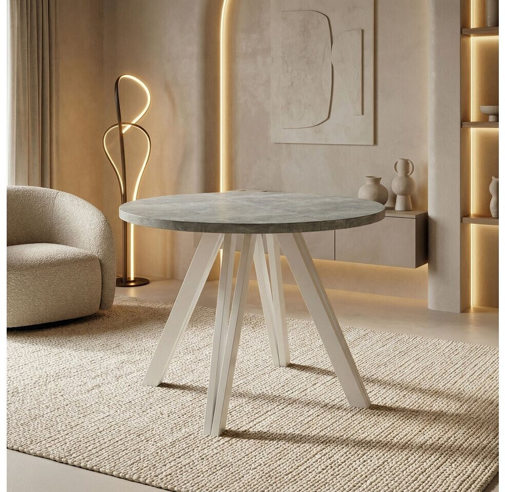 WFL GROUP Ravano Esstisch rund ausziehbar 100–140cm, Betongrau, weiße ...