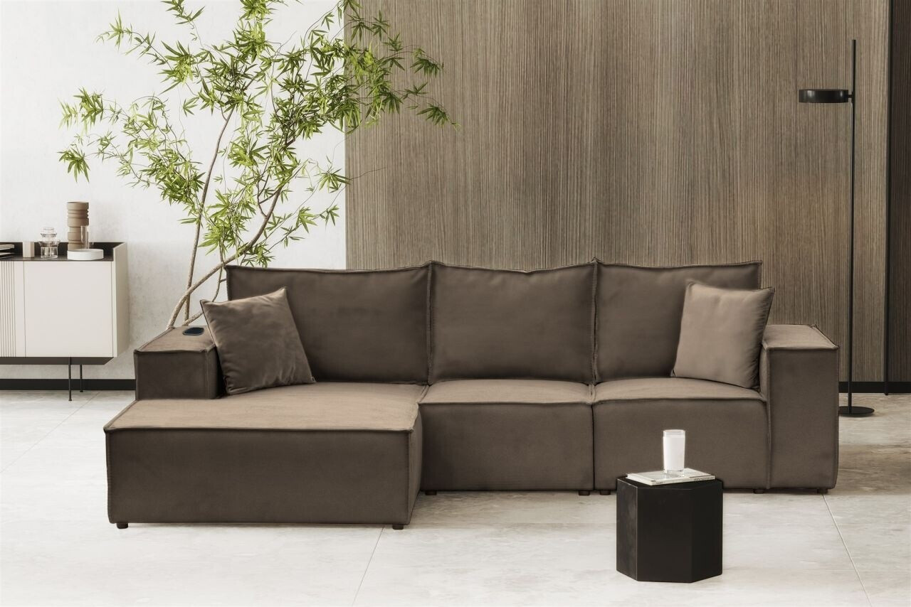 Fun Möbel ALVARO Ecksofa Velvet Braun, Ottomane Links, QI-Ladegerät ab ...
