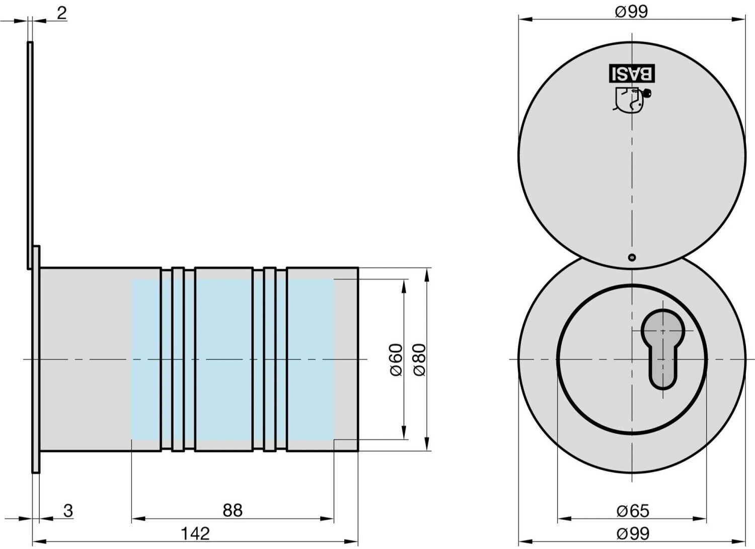 Basi Rohrtresor mit Profil-Halbzylinder, Edelstahl, Ø80mm L142mm (RT ...