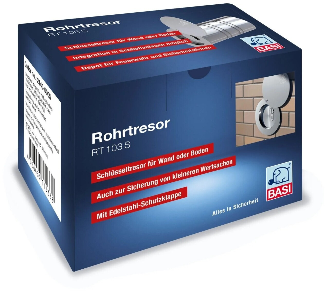 Basi Rohrtresor mit Profil-Halbzylinder, Edelstahl, Ø80mm L142mm (RT ...
