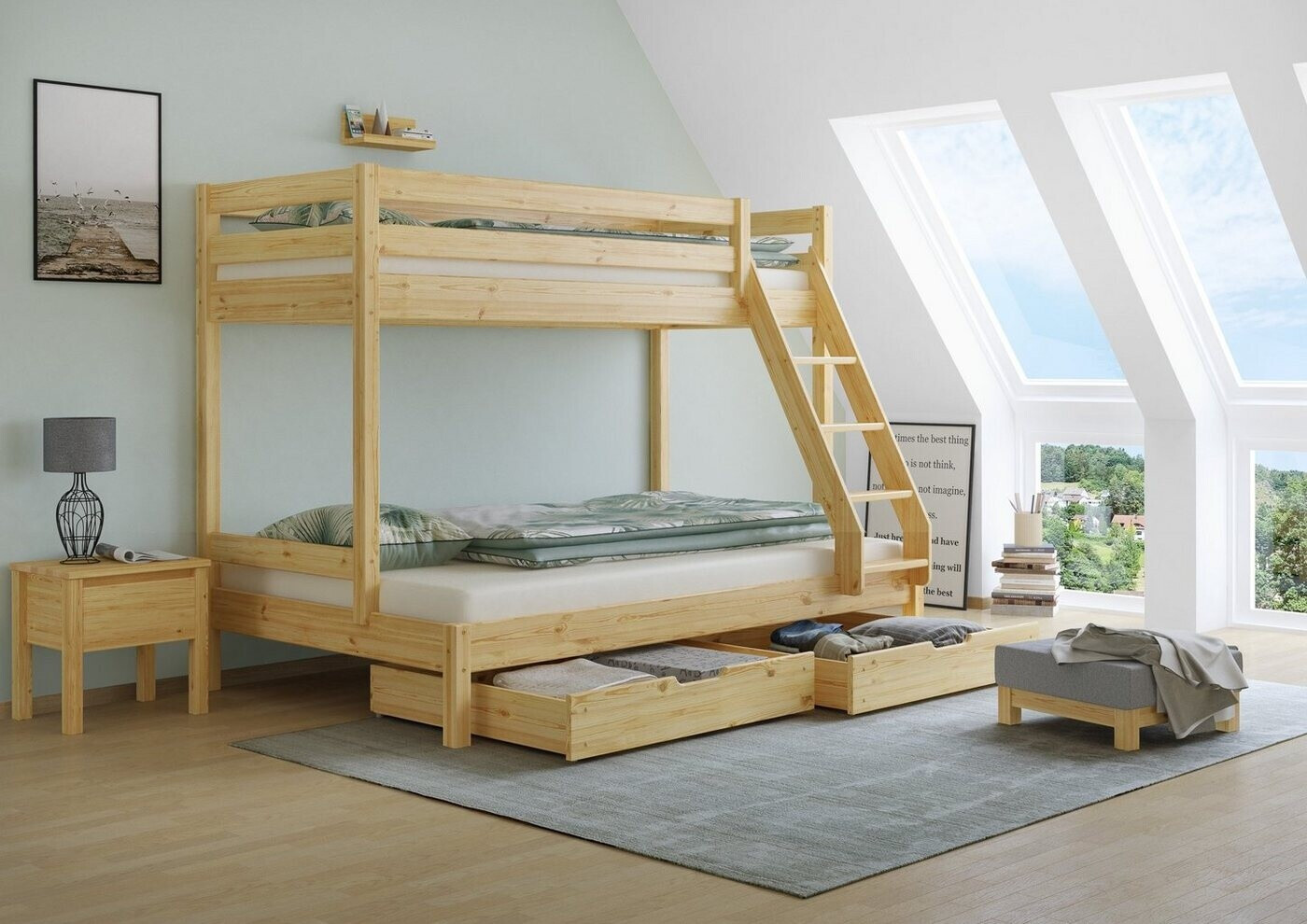 Erst-Holz Doppel-Etagenbett 120x200 / 80x200 Kiefer Massivholz natur ...