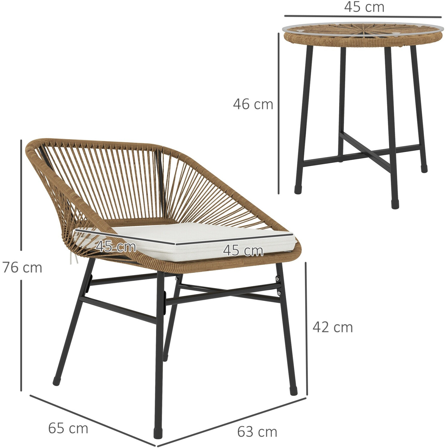 Outsunny Garten-Set 3-teilig, Rattan PE und Stahl, 2 Stühle mit Kissen ...