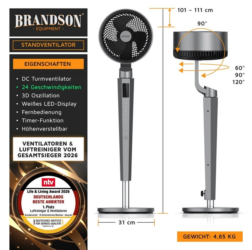 Brandson Standventilator DC-Motor 40W 3D-Oszillation, 24 ...