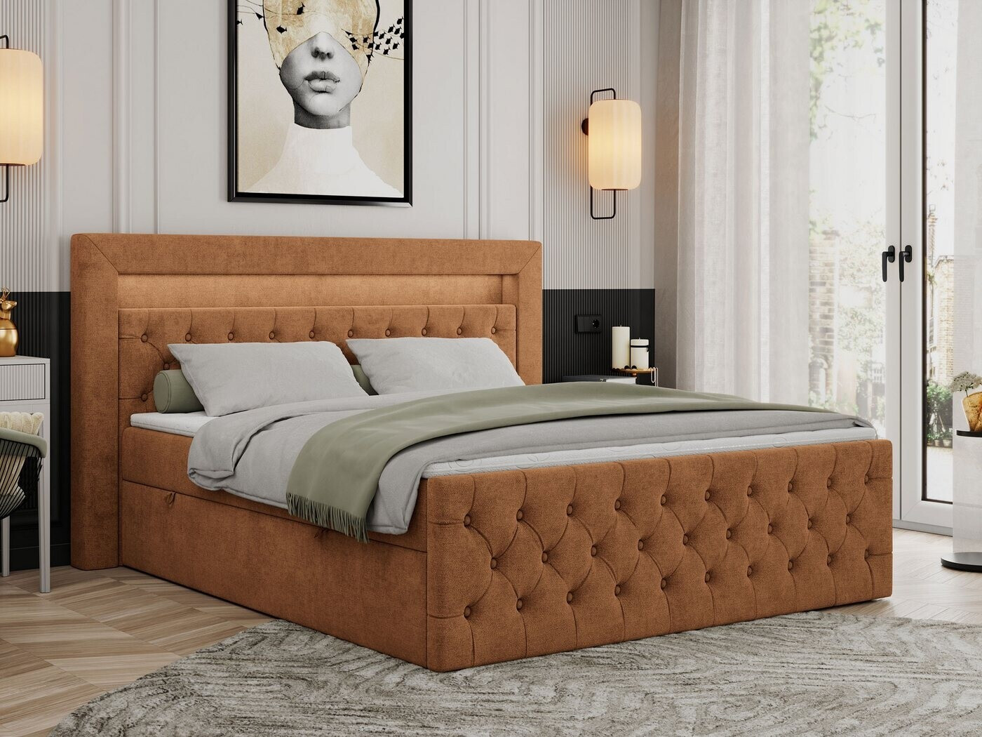 MKS GOLD-9 Boxspringbett 200x200cm LED Kopfteil, Bettkasten, orange ...