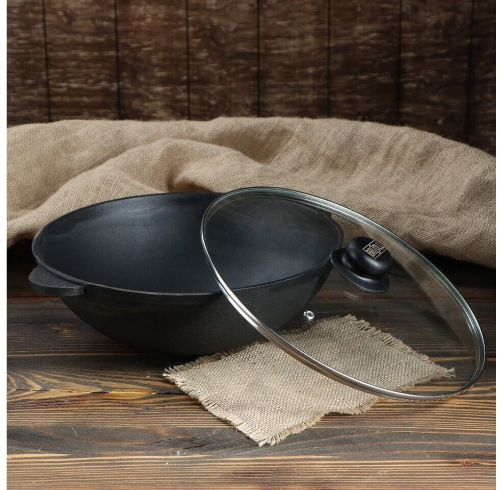 Brizoll Wok 28cm, 3,7L, Gusseisen, mit Glasdeckel und Kochlöffel (BZ ...