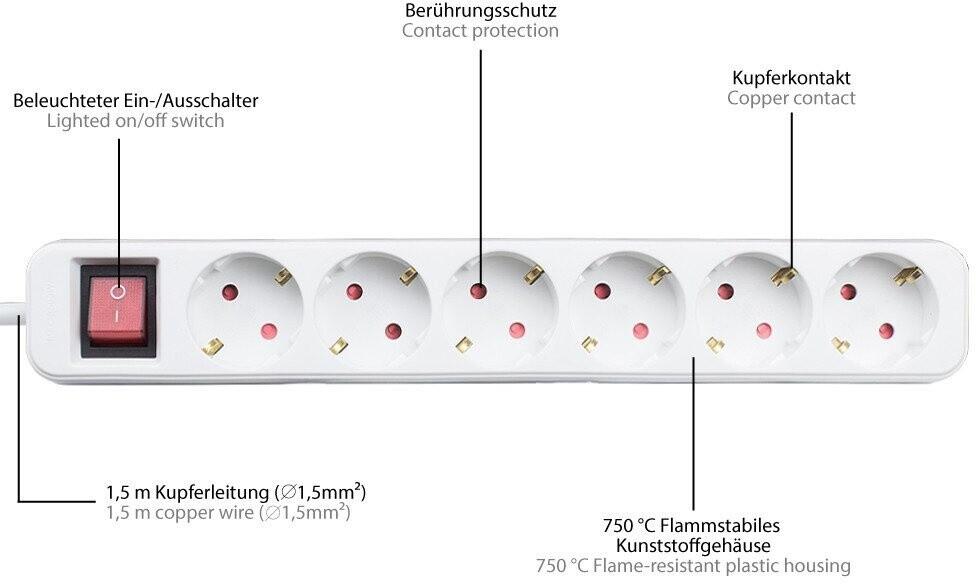 Good Connections Steckdosenleiste 6-fach mit Schalter, 1,5m, weiß ...