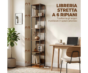 HomCom Hohes Bücherregal 6 Ablagen, Metallgestell, braune Holzoptik, 29 ...