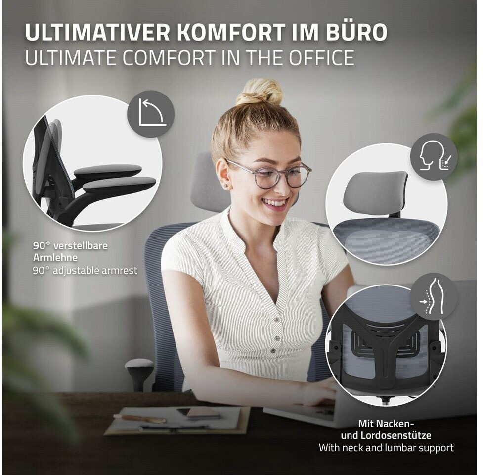 ML-Design Chaise de bureau ergonomique, mesh, grise, appuie-tête ...