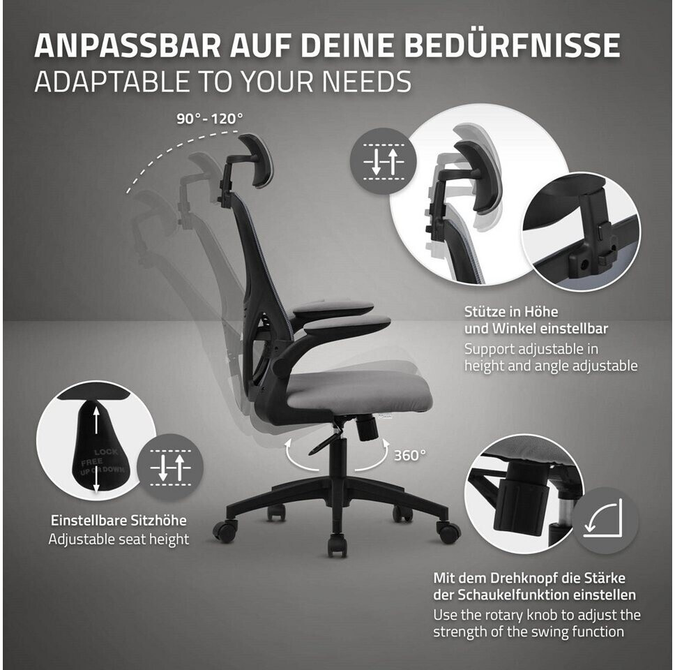 ML-Design Chaise de bureau ergonomique, mesh, grise, appuie-tête ...