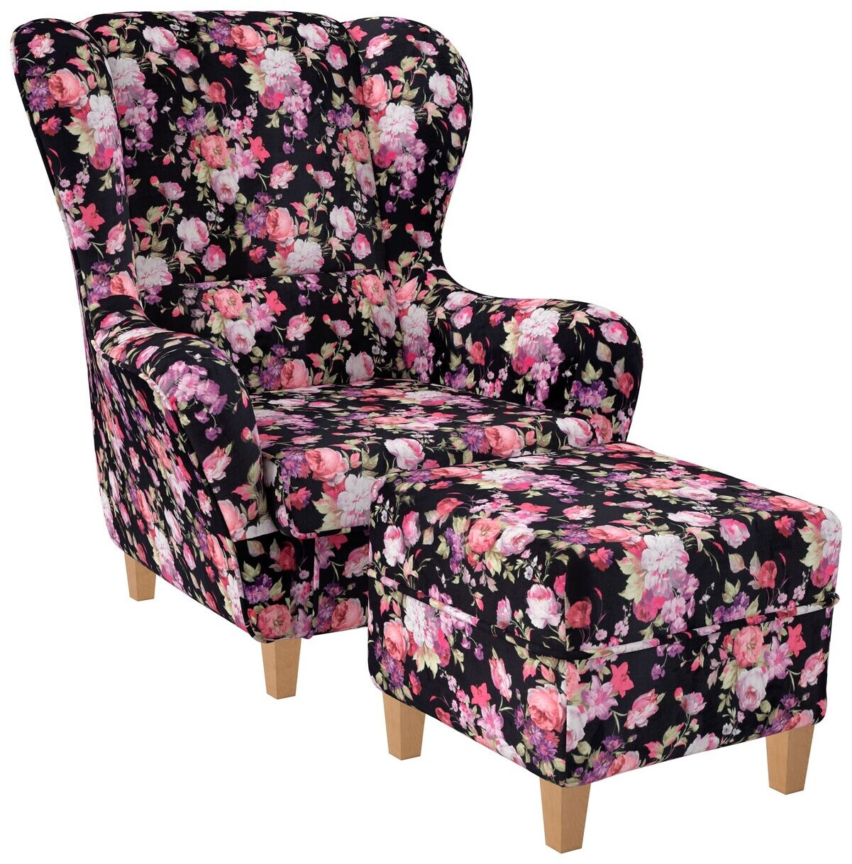 Supellex Sofia Ohrensessel mit Hocker, Samt-Velours, Rosen-Patchwork ab ...