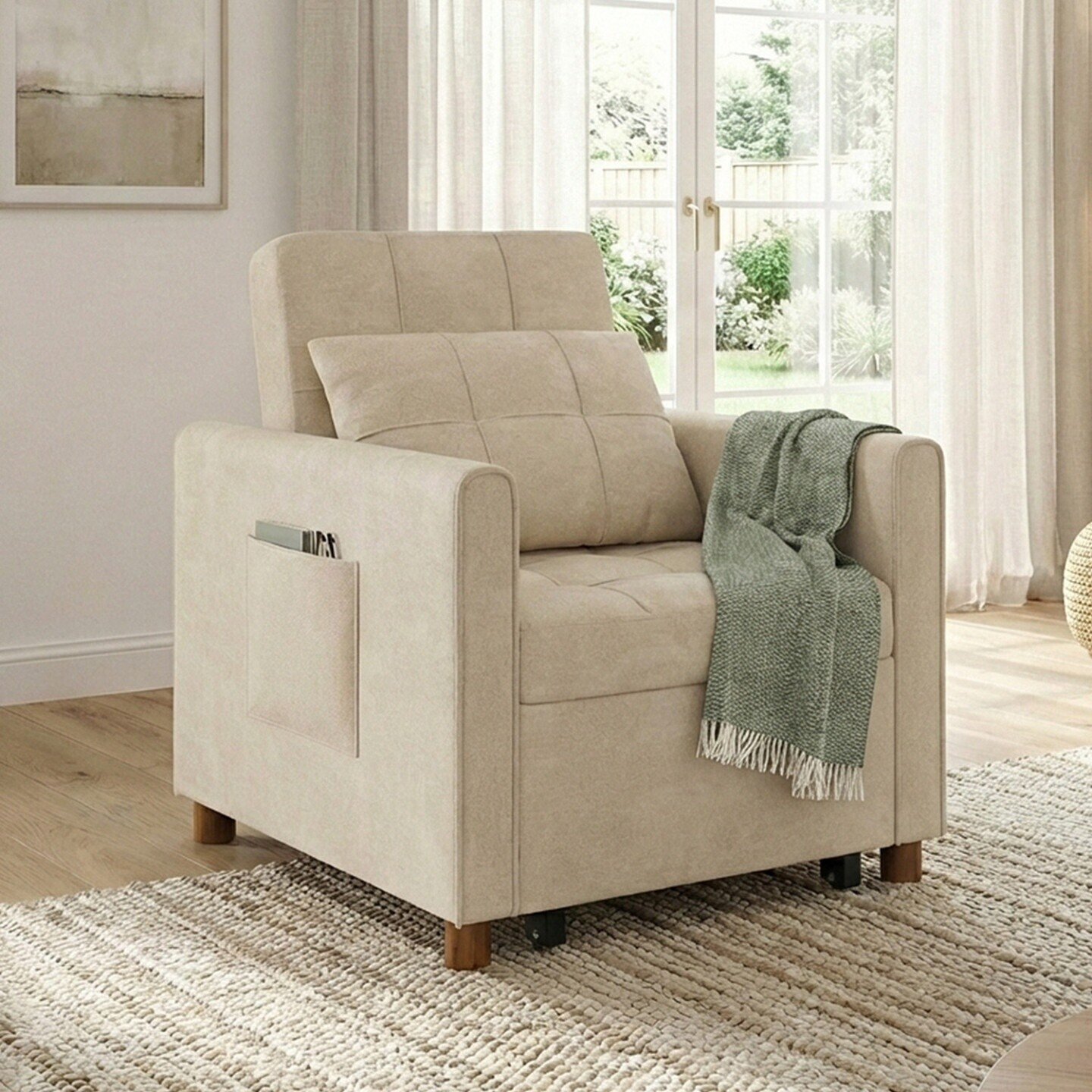 IDMarket Emile Ausziehbarer Sessel 1-Sitzer Chenille-Stoff beige ...