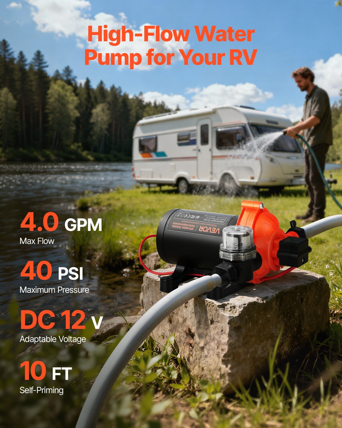 VEVOR Pompe à membrane 12V DC, 15,1L/min, 2,75bar, auto-amorçante au ...