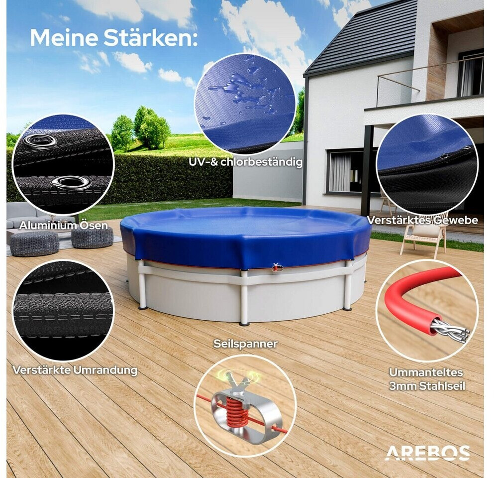 Arebos Pool-Abdeckplane 2-in-1 rund Ø520cm, PE 200g/m², für Pools Ø420 ...