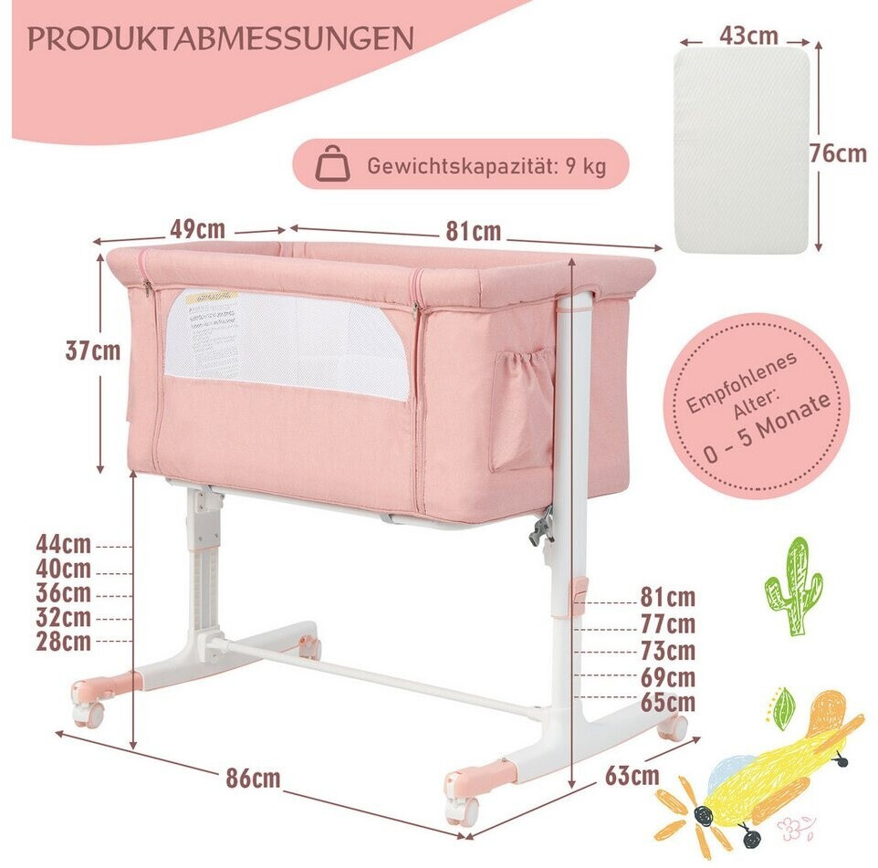 Costway Beistellbett 3-in-1 Reisebett, 5-stufig höhenverstellbar, mit ...