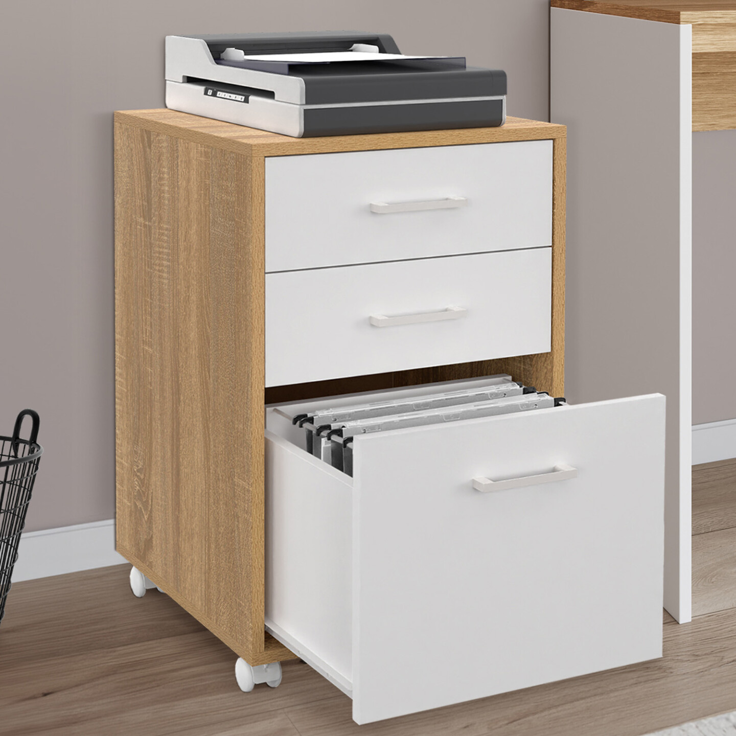 IDMarket Jon Caisson de Bureau avec Support Imprimante, 3 Tiroirs, bois ...