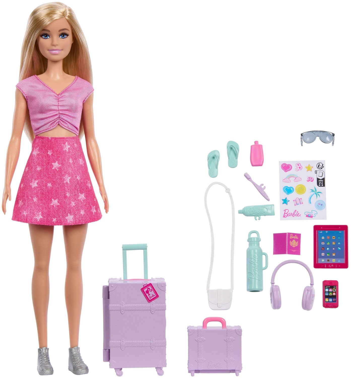 Barbie Malibu „Grenzenlose Abenteuer" Modepuppe mit Reisezubehör (JMJ47 ...
