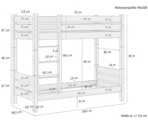 Erst-Holz Etagenbett teilbar, Kiefer weiß, 90x200cm (60.16-09WT100) ab ...