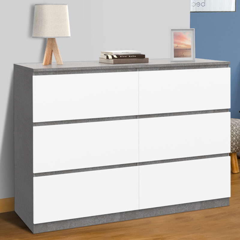 IDMarket Kommode TOMI 6 Schubladen 110cm weiß und Betoneffekt (10187 ...